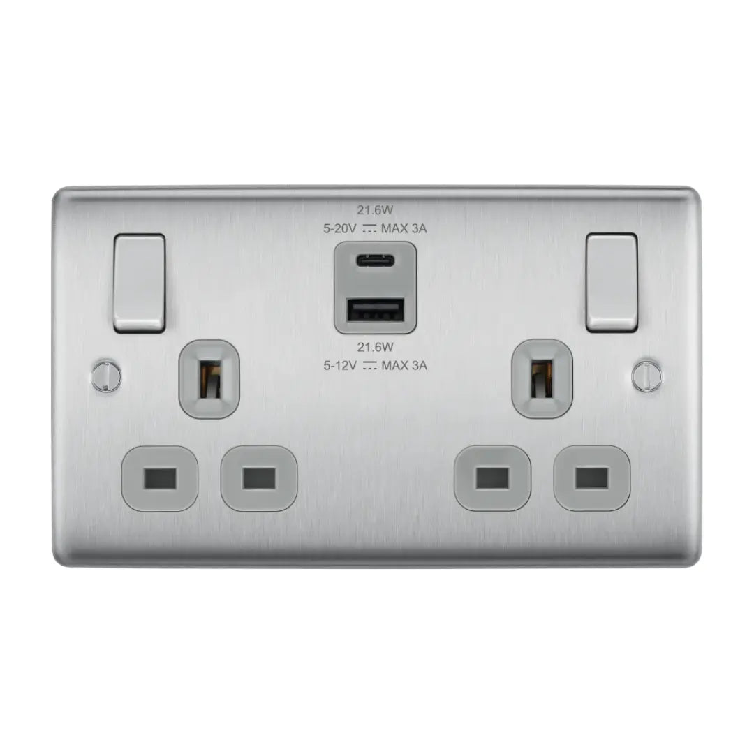 BG Nexus Double USB Socket 13A 22W Fast Charge | Brushed Steel NBS22UAC22G