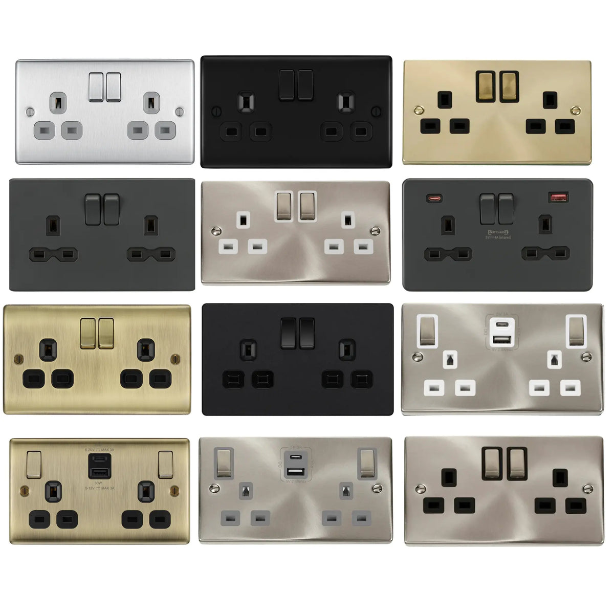 Double Sockets / 2-Gang Plug Sockets – Chrome, Brass, Black & USB