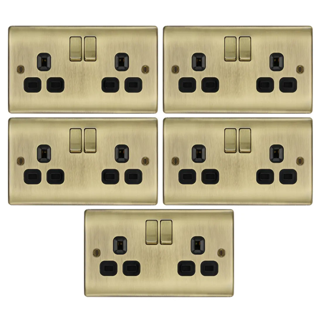 British General Nexus 13A 2-Gang DP Sockets Antique Brass – 5 Pack