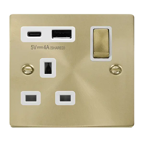 Click Deco Satin Brass 13A Single Switched Socket with Type A & C USB ...