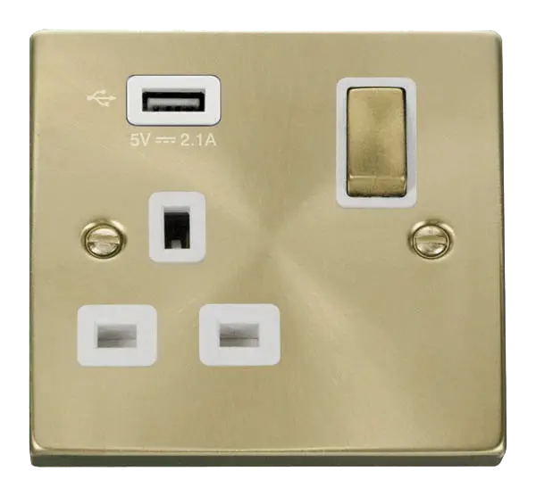 Click Deco Satin Brass USB Single Switched Socket with White Insert ...