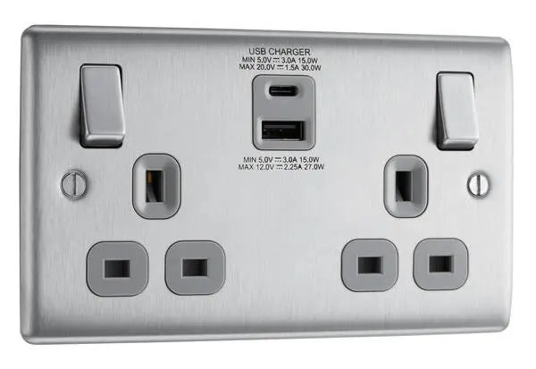 BG Nexus NBS22UAC30G Metal USB USBC Double Socket in Brushed Steel